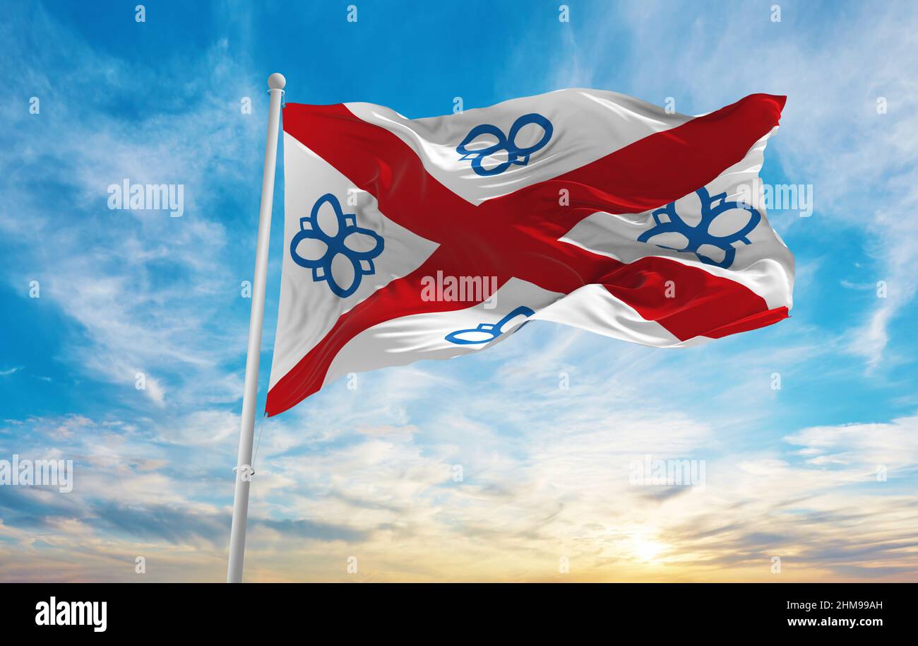 flag of Penrith town , UK at cloudy sky background on sunset, panoramic ...