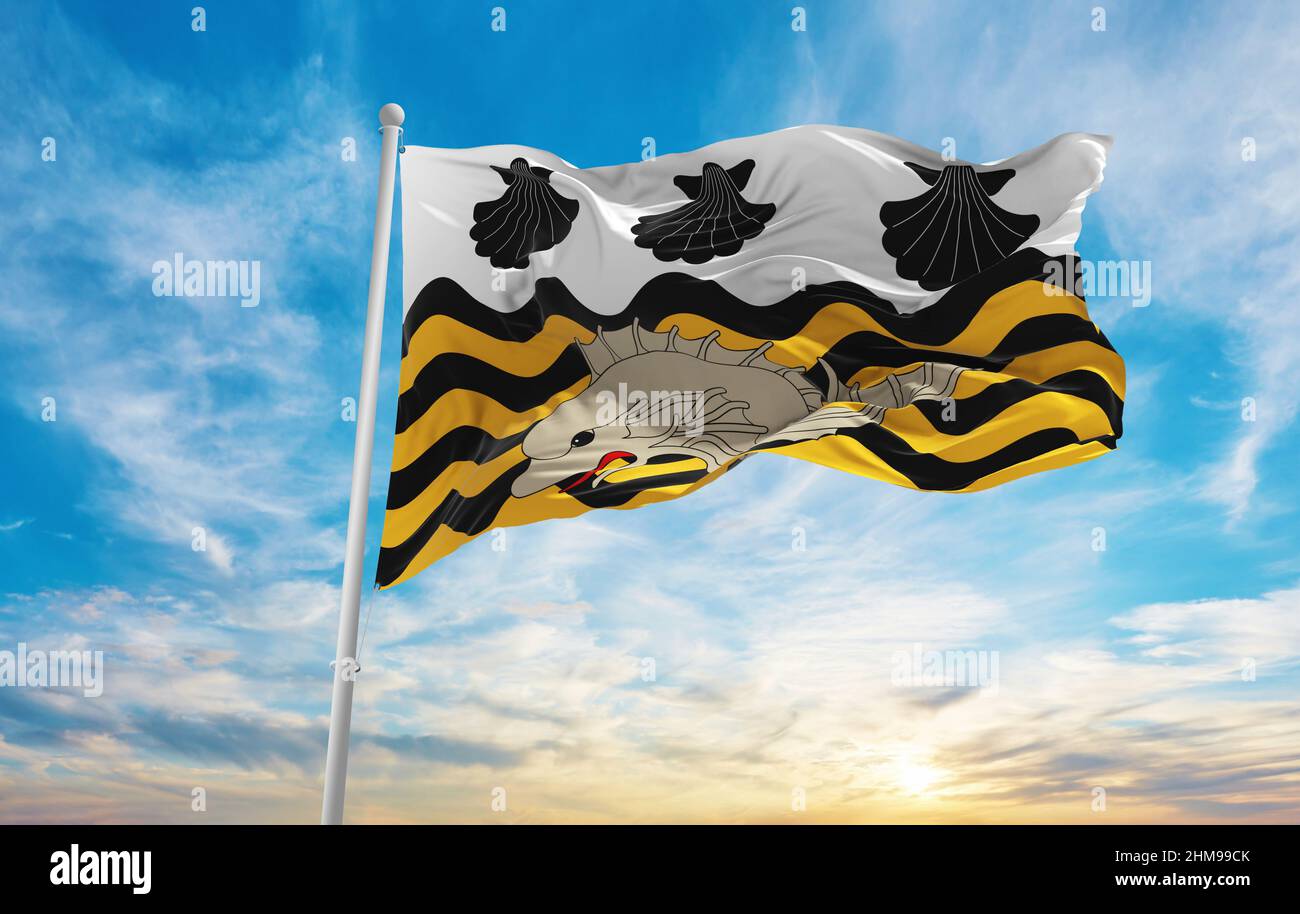 flag of Poole town , UK at cloudy sky background on sunset, panoramic ...