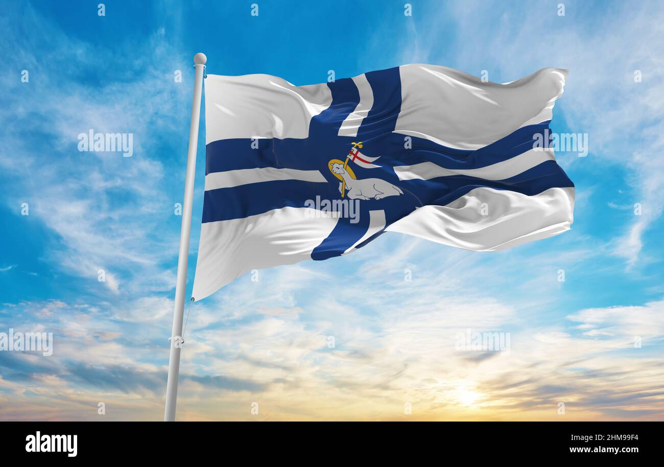 flag of Preston town , UK at cloudy sky background on sunset, panoramic ...