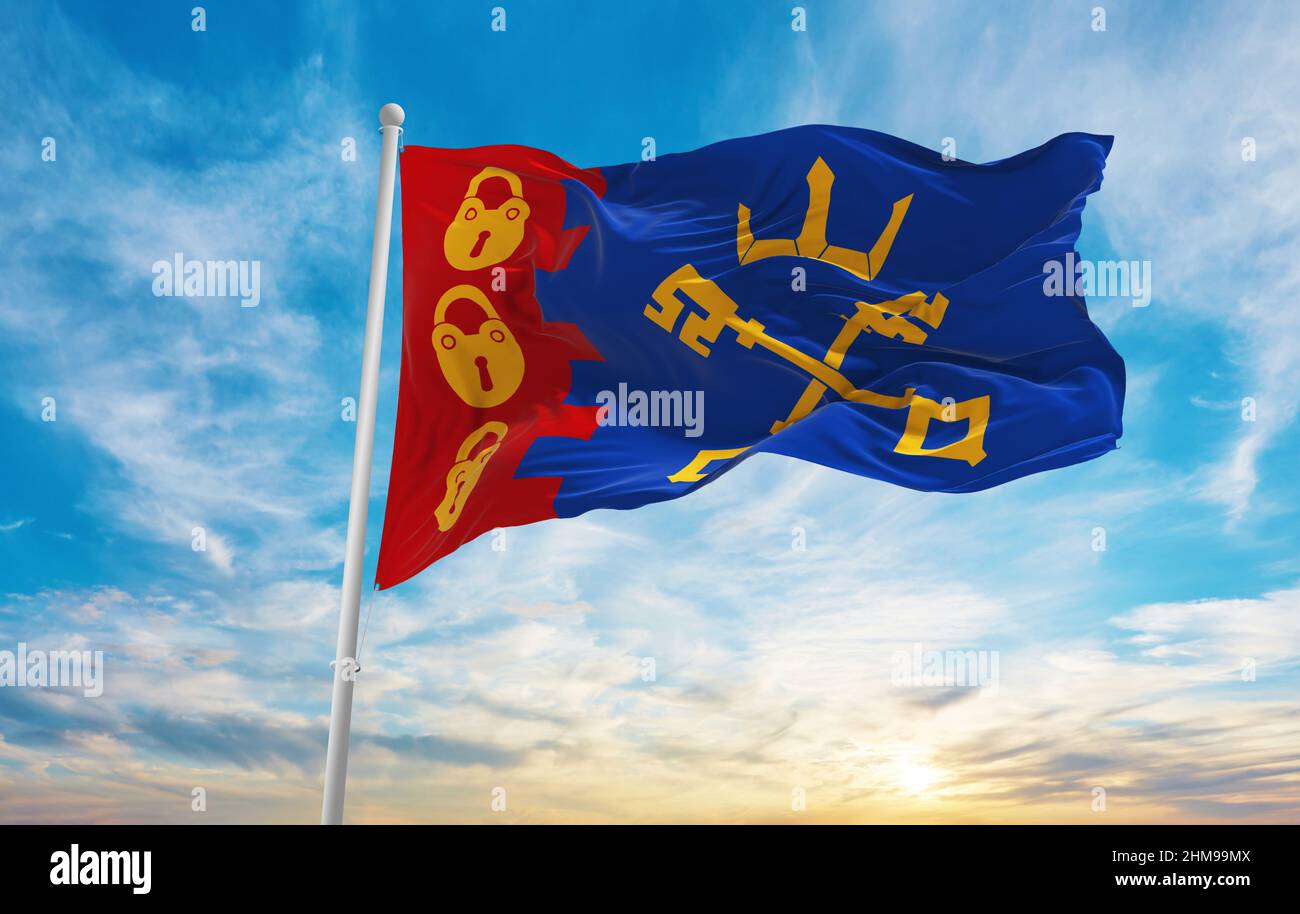 flag of Willenhall town , UK at cloudy sky background on sunset ...
