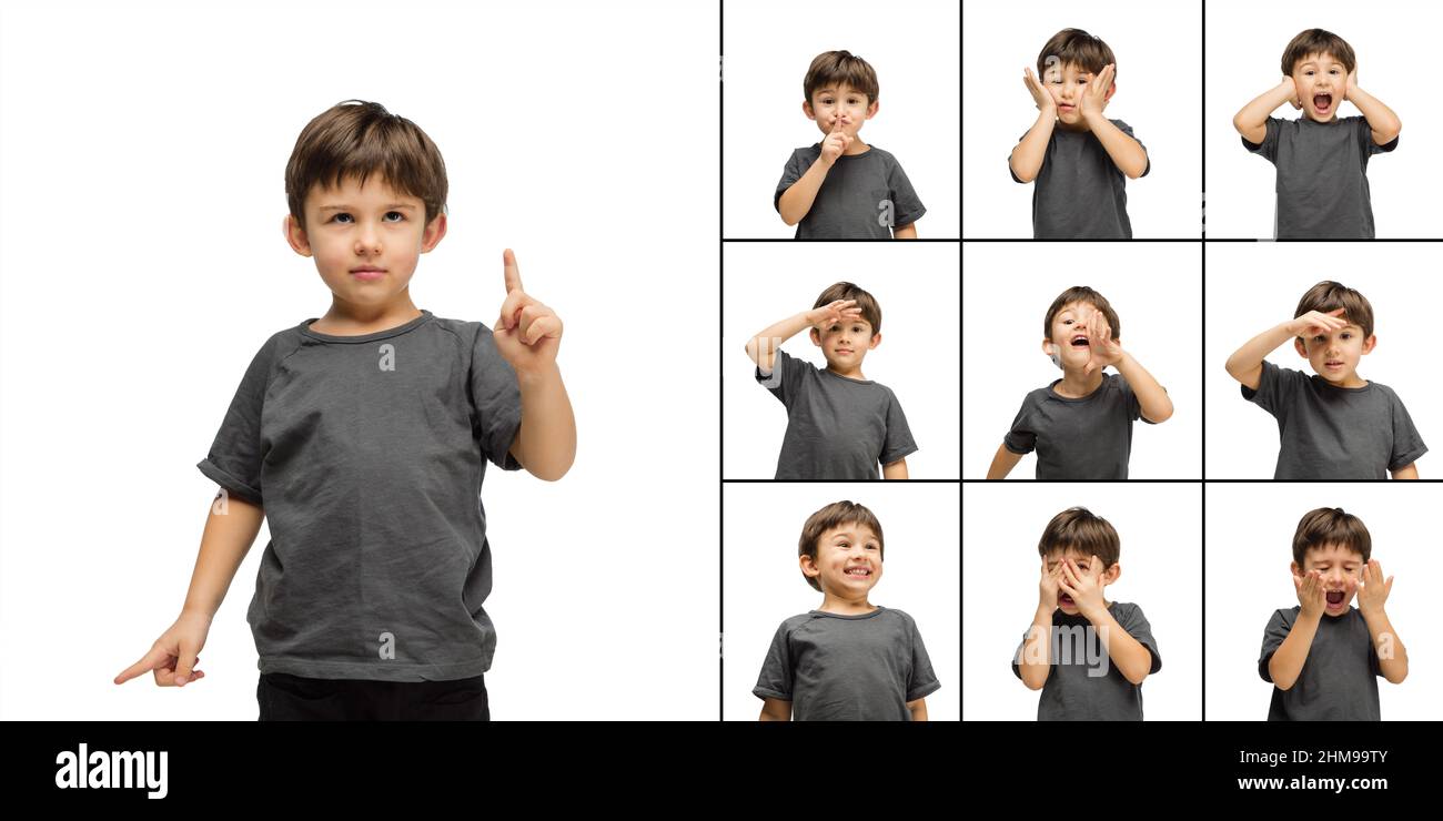 Set of images of little cute kid, boy isolated on white studio ...