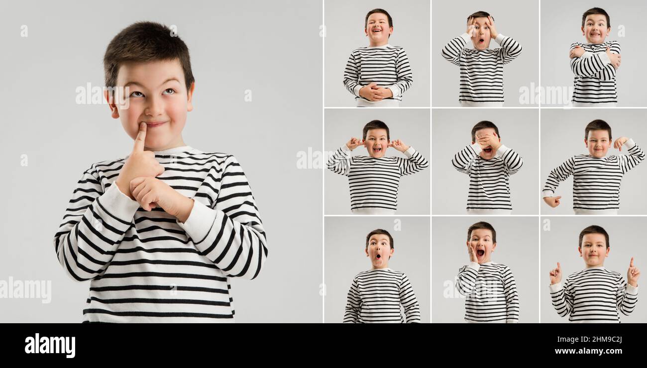 Set of images of little cute kid, boy isolated on gray studio ...