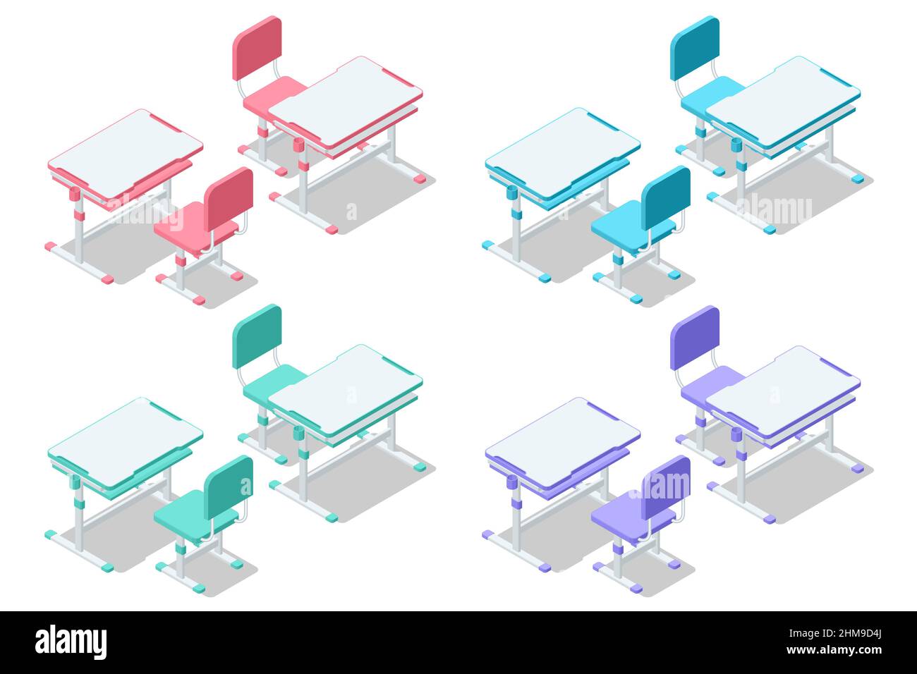 Isometric school desk and a chair isolated on white background. Wooden ...