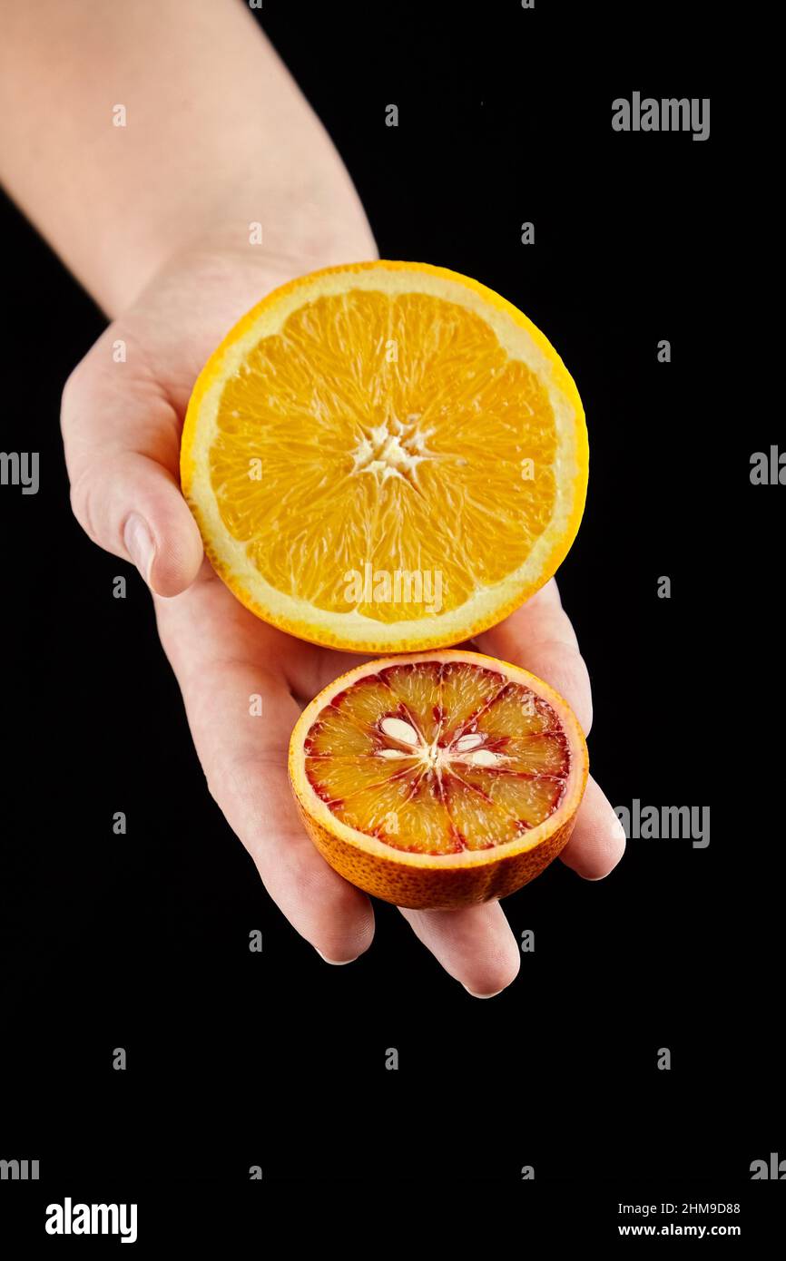 Halved orange fruits in hands on black background. Person holding two ...