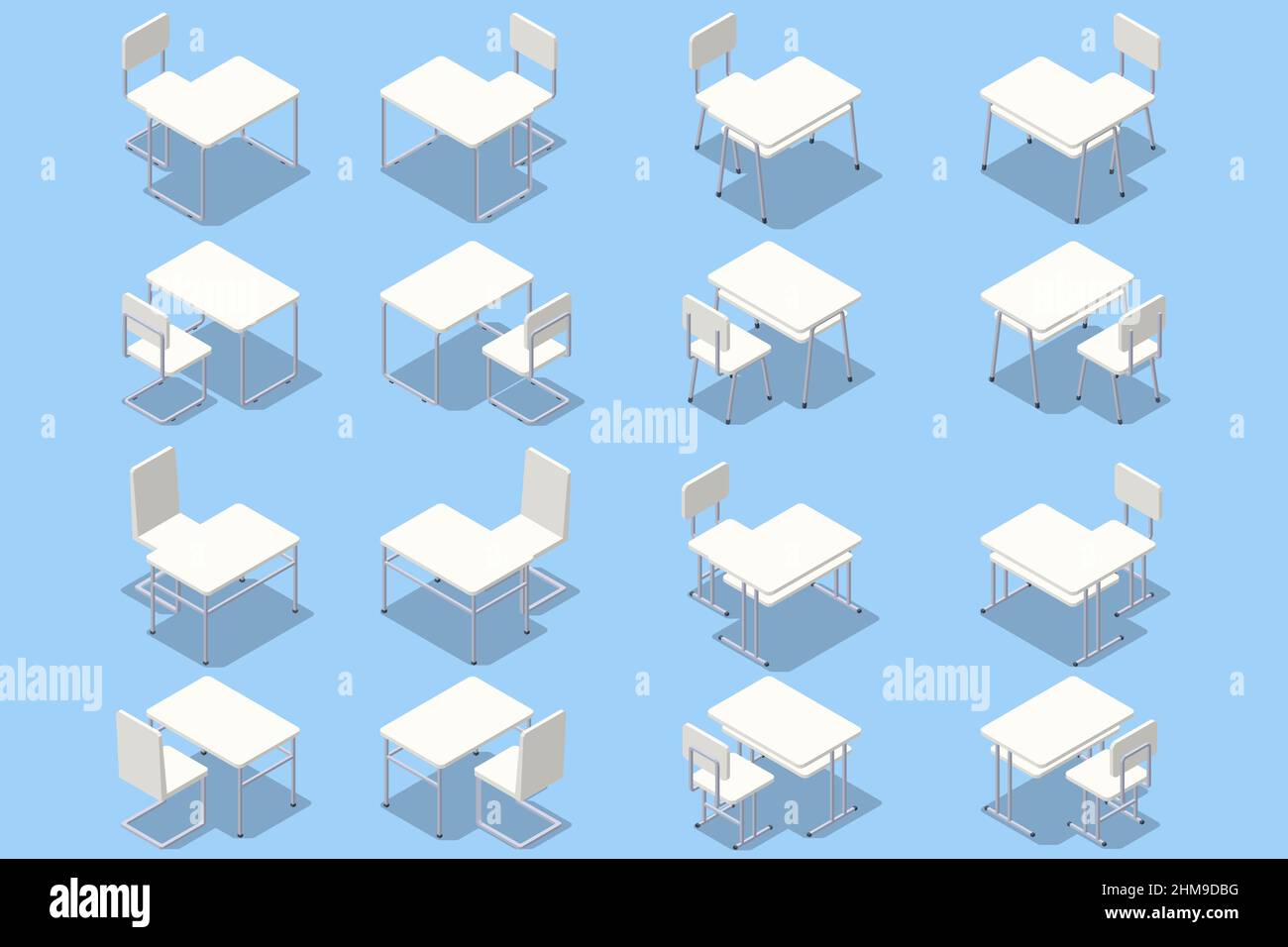 Isometric school desk and a chair isolated on white background. Wooden ...