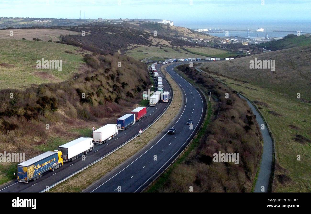 Lorries queue for the Port of Dover in Kent, as the Dover TAP is ...