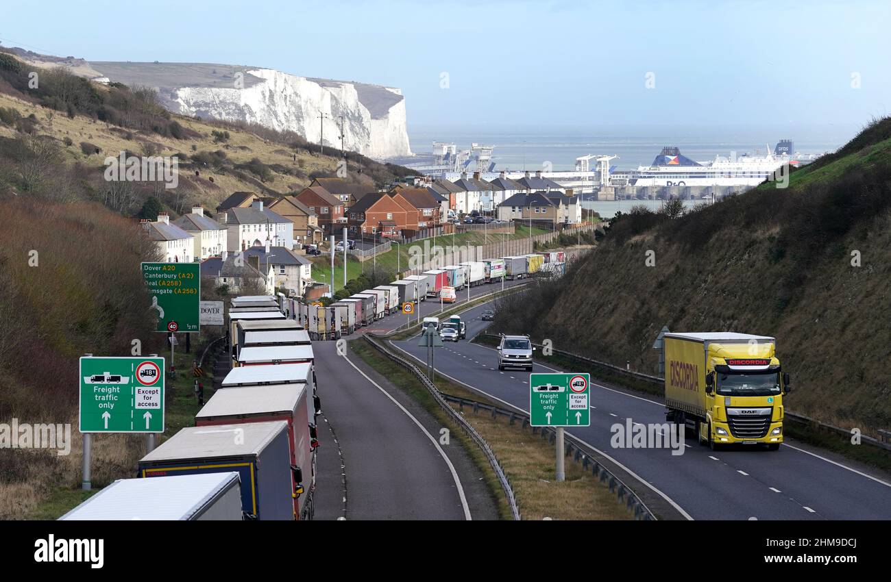 Lorries queue for the Port of Dover in Kent, as the Dover TAP is ...