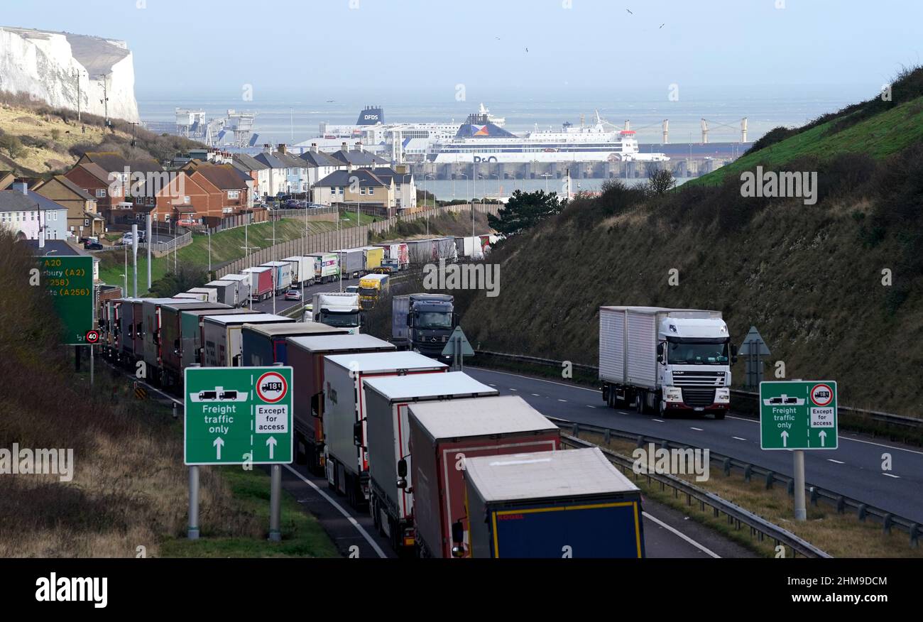 Lorries queue for the Port of Dover in Kent, as the Dover TAP is ...