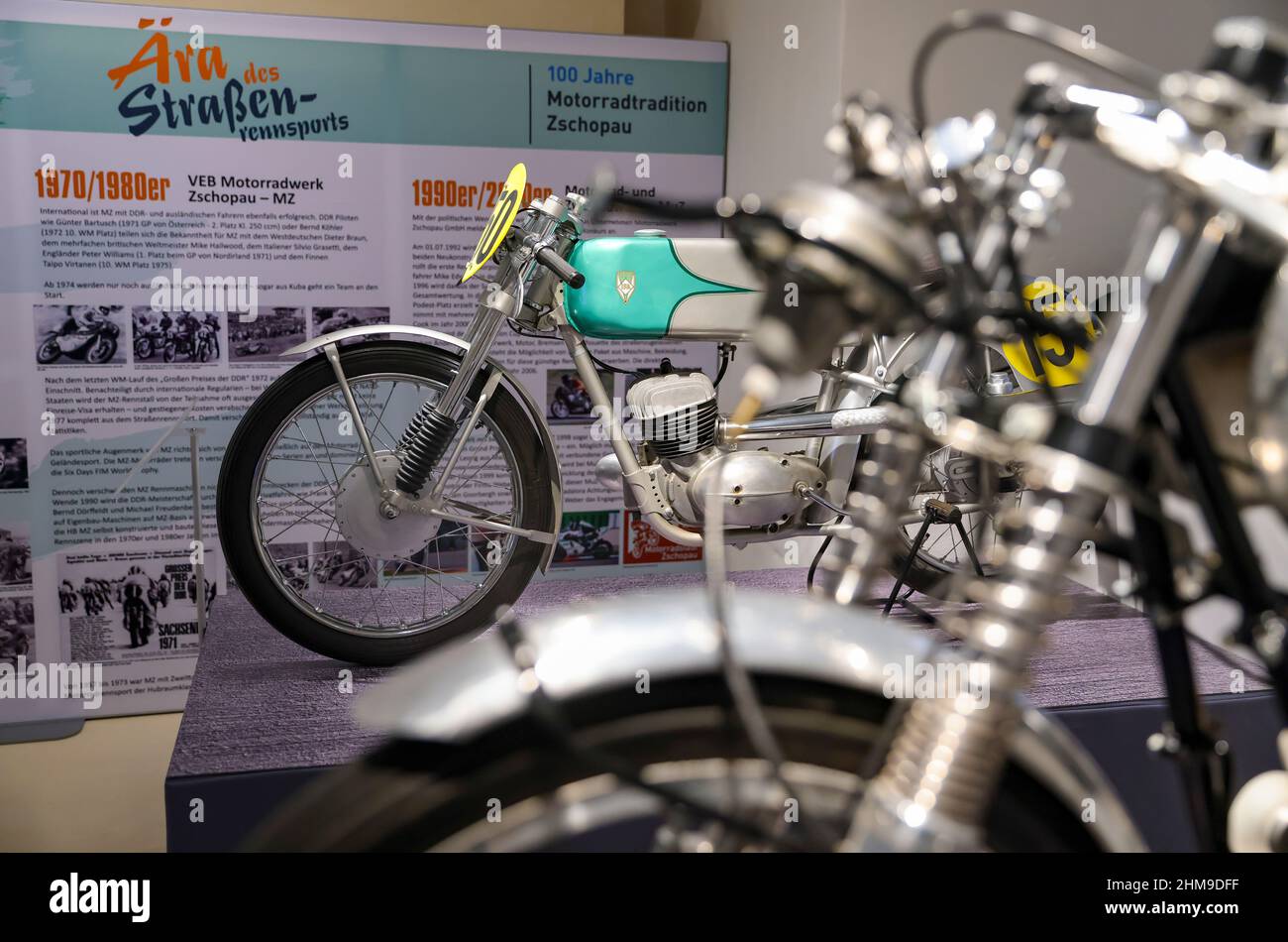 08 February 2022, Saxony, Augustusburg: A racing motorcycle IFA DKW RE ...