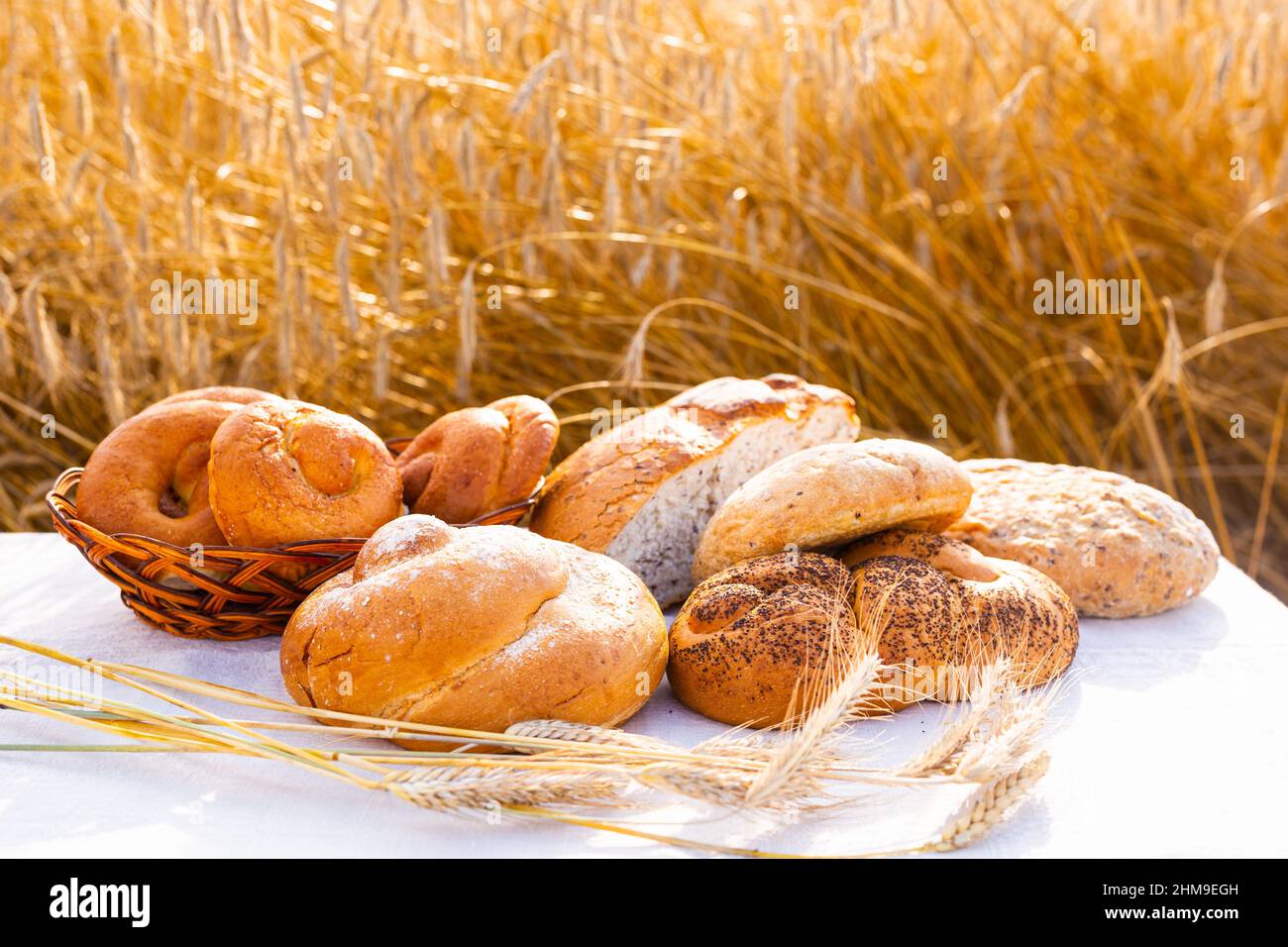 lot of different flavored bread, wheat, rye, on the table in the field ...