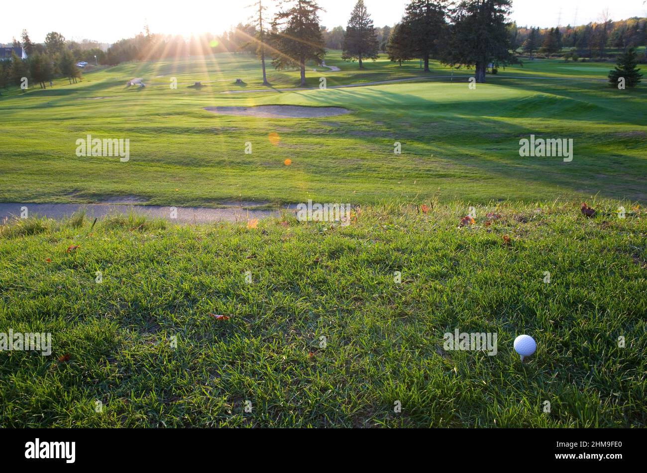 White Golf Ball on a Tee Facing the Sun and the Green Horizontal Stock ...