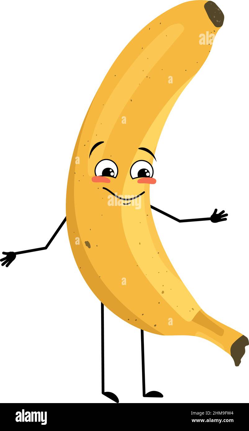 Banana character with happy emotion, joyful face, smile eyes, arms and legs. Person with ...