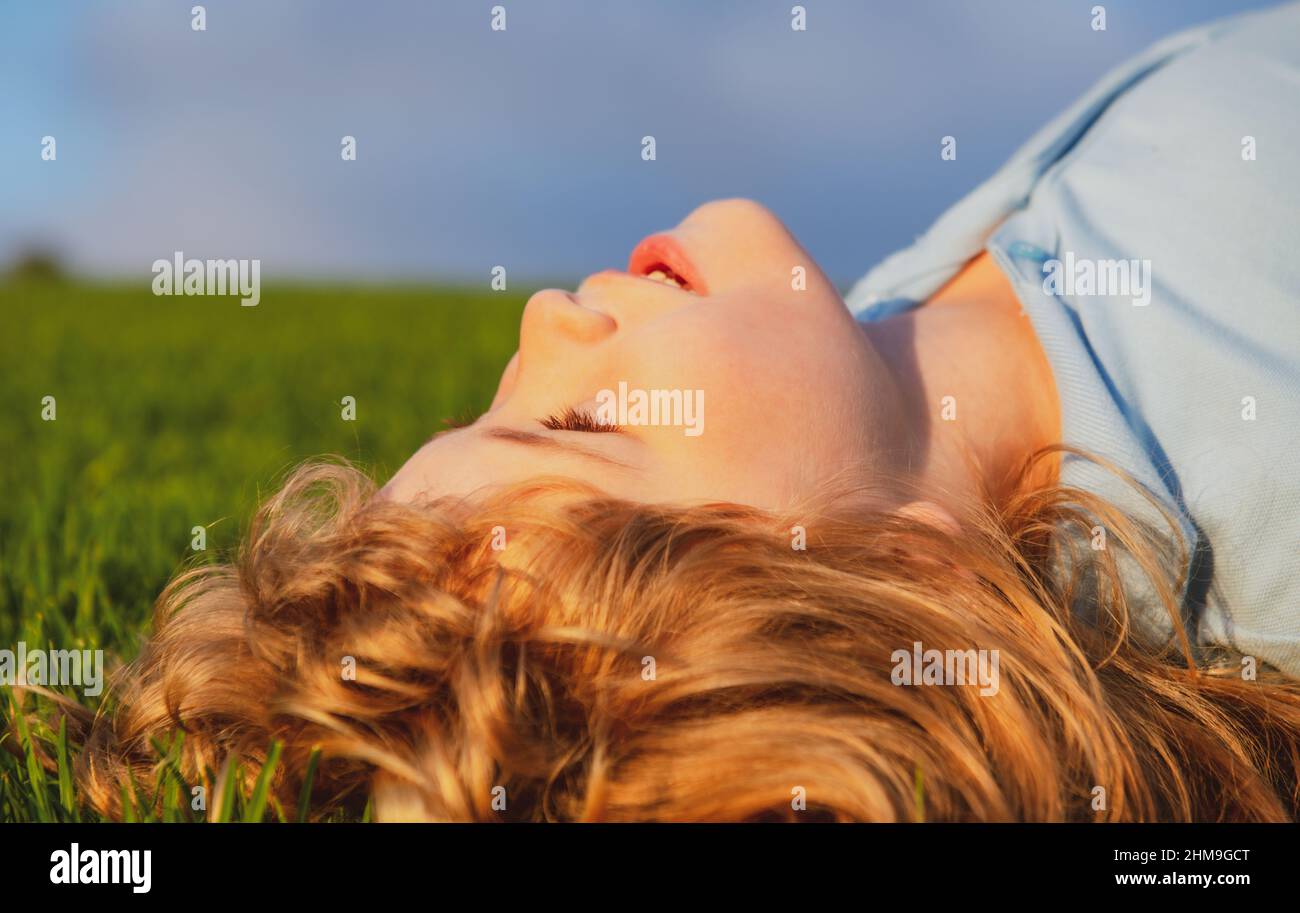 Portrait of a smiling little boy lying on green grass. Smiling boy ...
