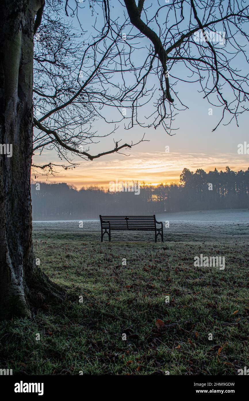 Lonely bench watching over a winter's sunrise over Wollaton Hall ...