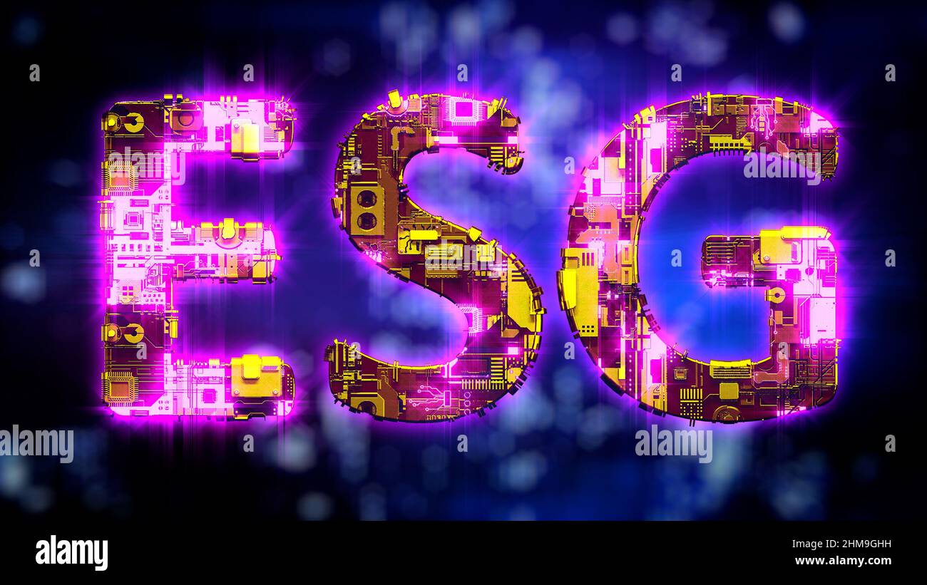 ESG glowing pink - yellow neon text in cyberpunk style - industrial 3D ...