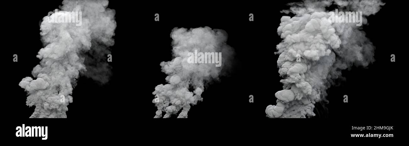 3 white pollution smoke columns from oil power plant on black, isolated ...