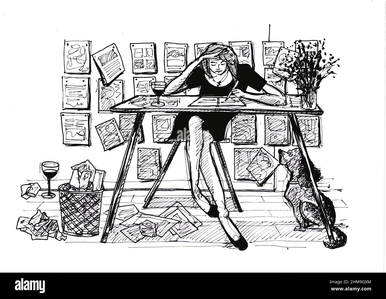 Sketch of a young woman working at her desk Stock Photo - Alamy