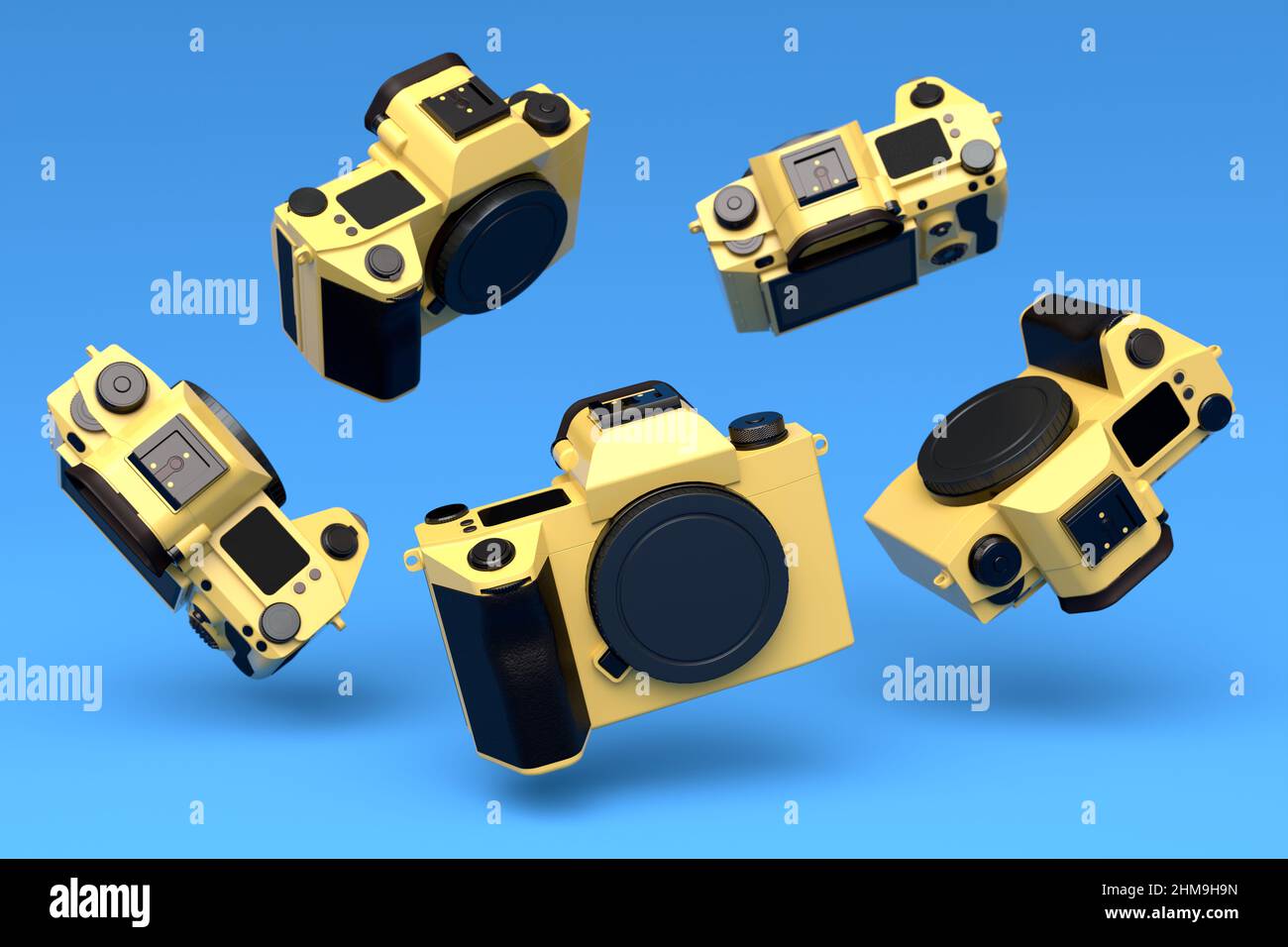 Setof nonexistent gold DSLR cameras flying on blue background.. 3D ...