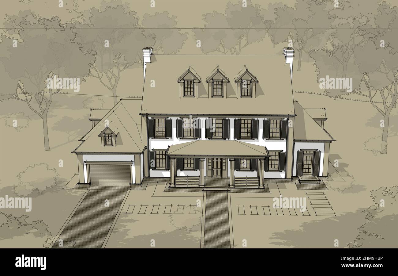 3d rendering of modern cozy classic house in colonial style with garage ...