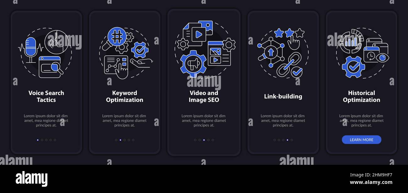 SEO marketing trends night mode onboarding mobile app screen Stock ...