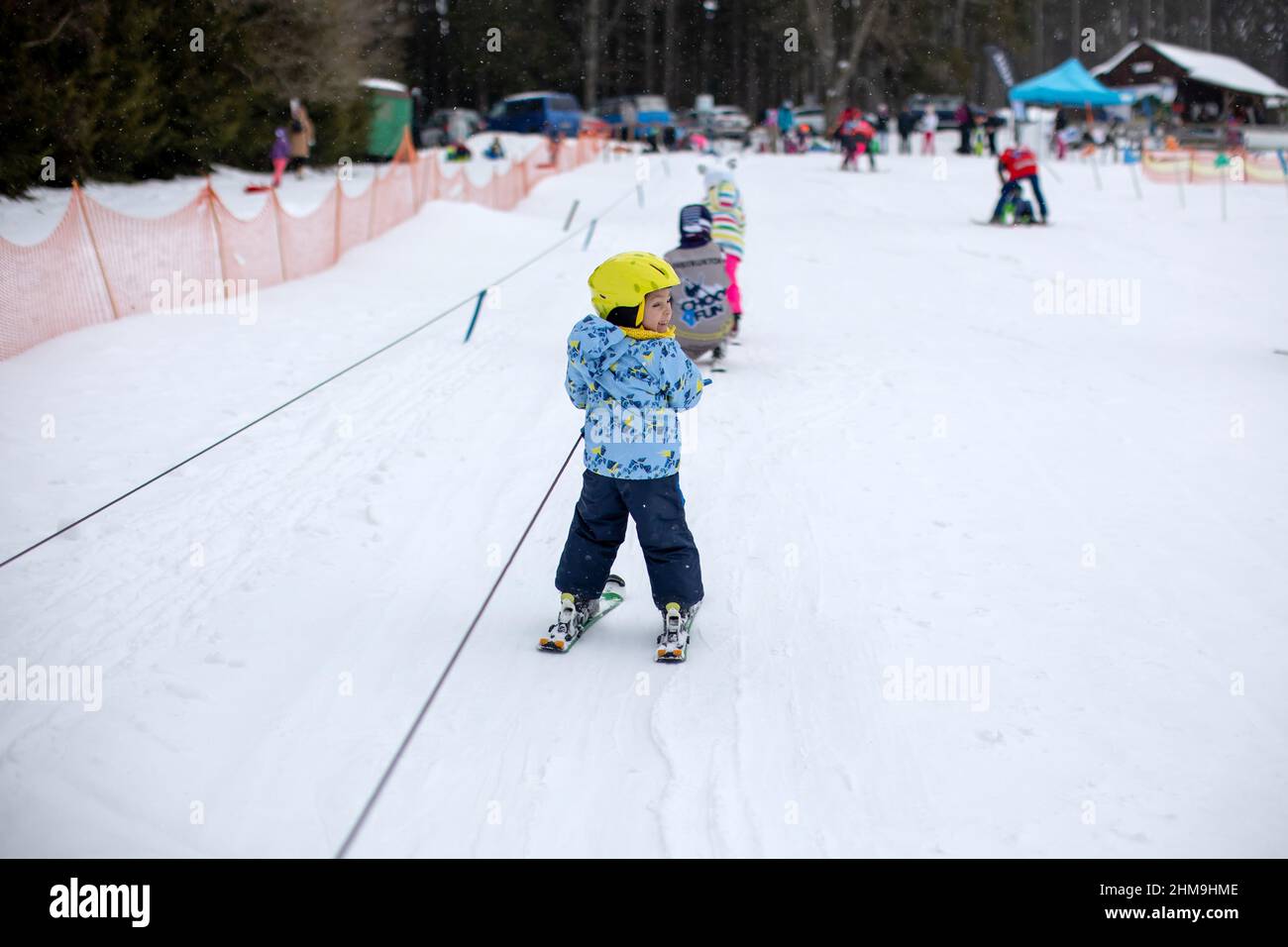 Little toddler boy, preschool child, skiing for the first time on small ...