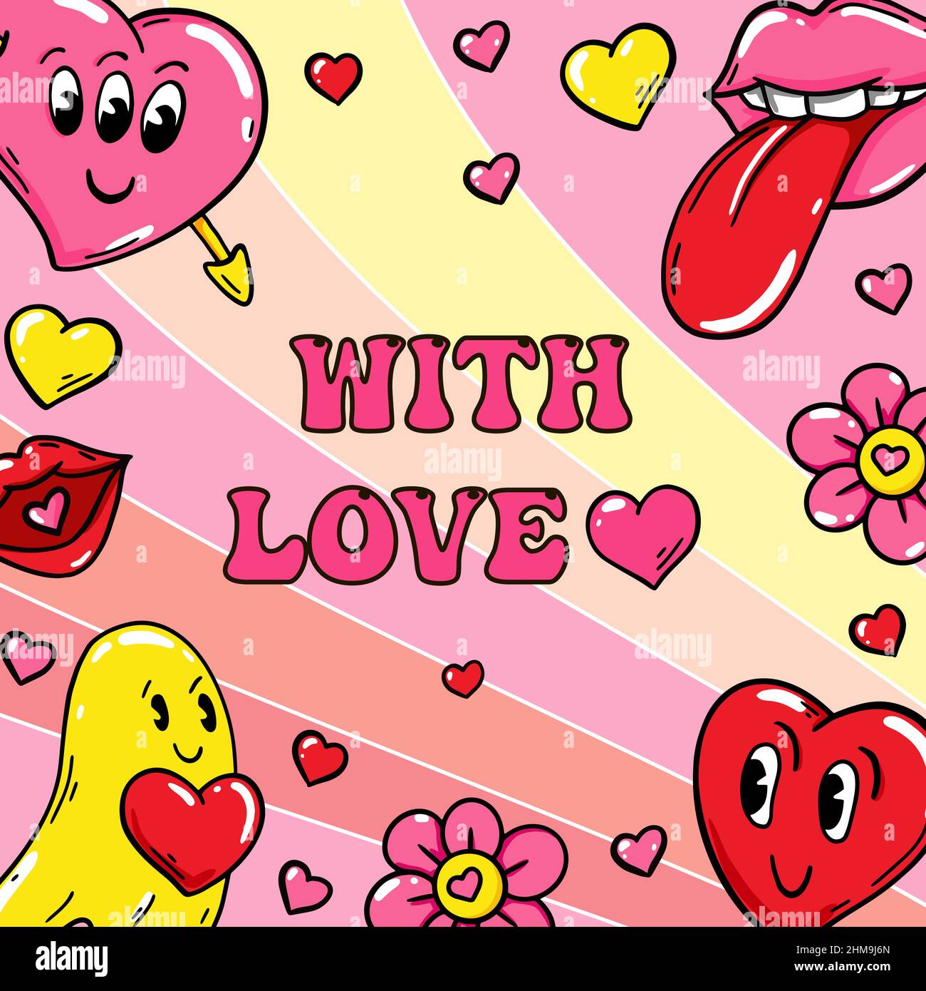 Trendy love poster with cute comic illustrations. Groovy vector design ...