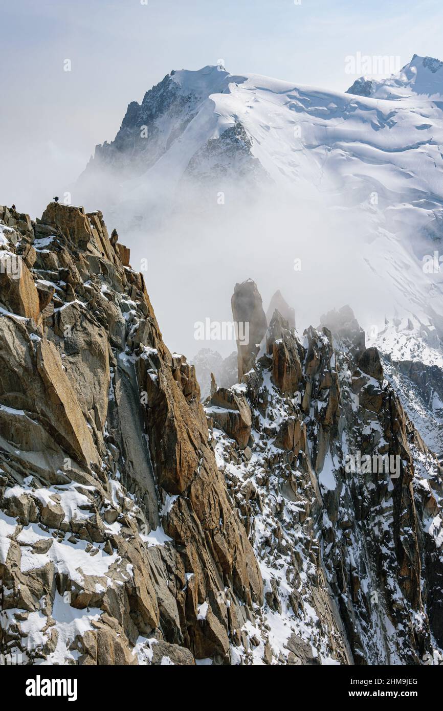 Alpine views from Aiguille du Midi viewing platform above Chamonix underneath Mont Blanc Stock ...