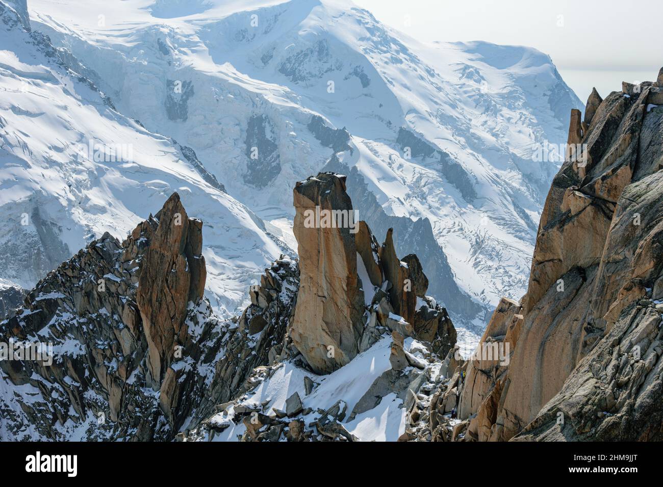 Alpine views from Aiguille du Midi viewing platform above Chamonix underneath Mont Blanc Stock ...
