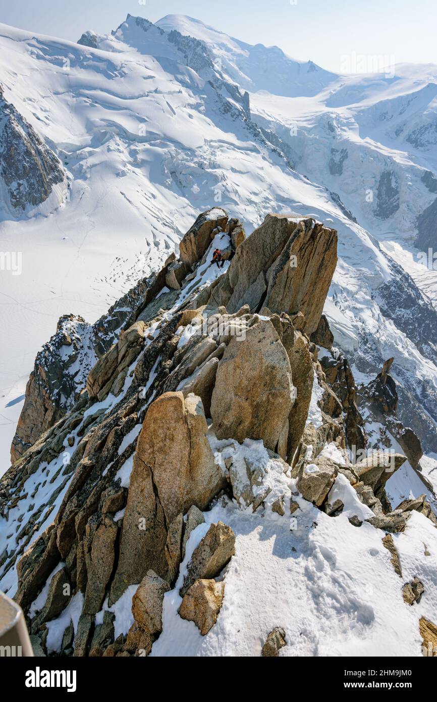 Alpine views from Aiguille du Midi viewing platform above Chamonix underneath Mont Blanc Stock ...