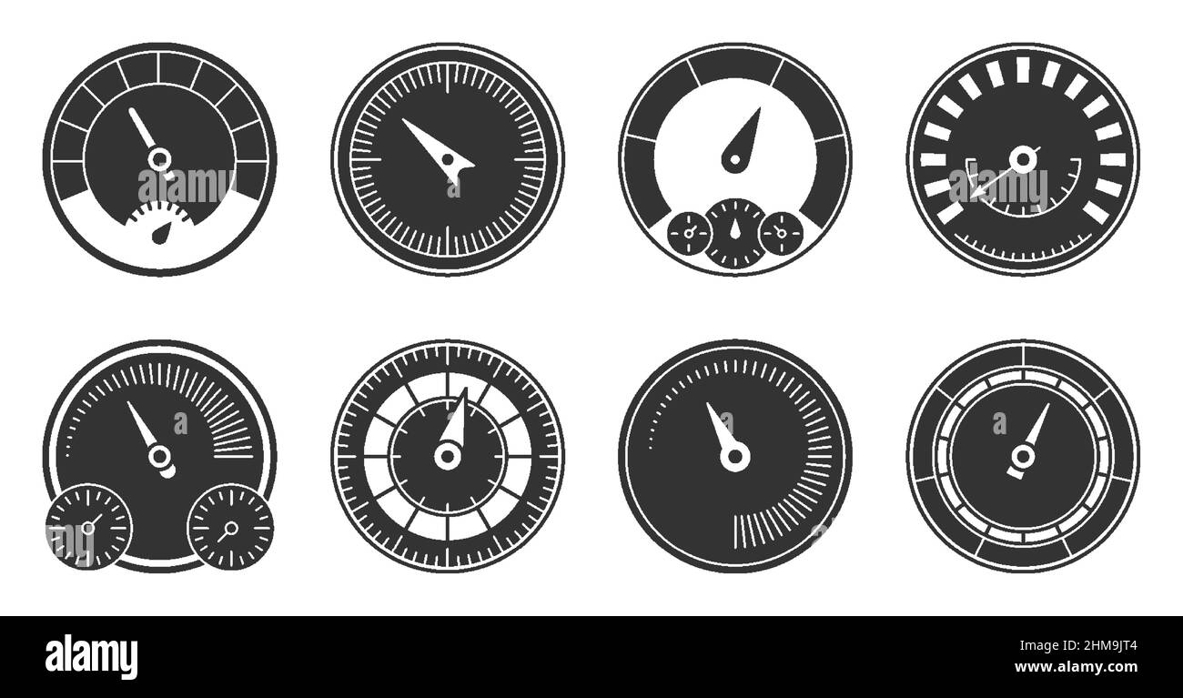 Speedometer indicator load scale black glyph set. Transport icon ...