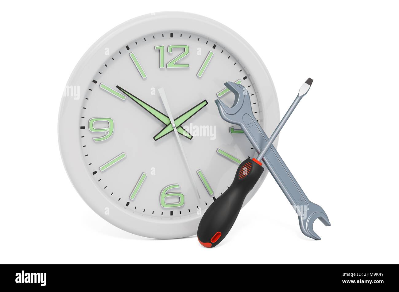 Wall Clock with repair tools. Repair Time concept. 3D rendering ...