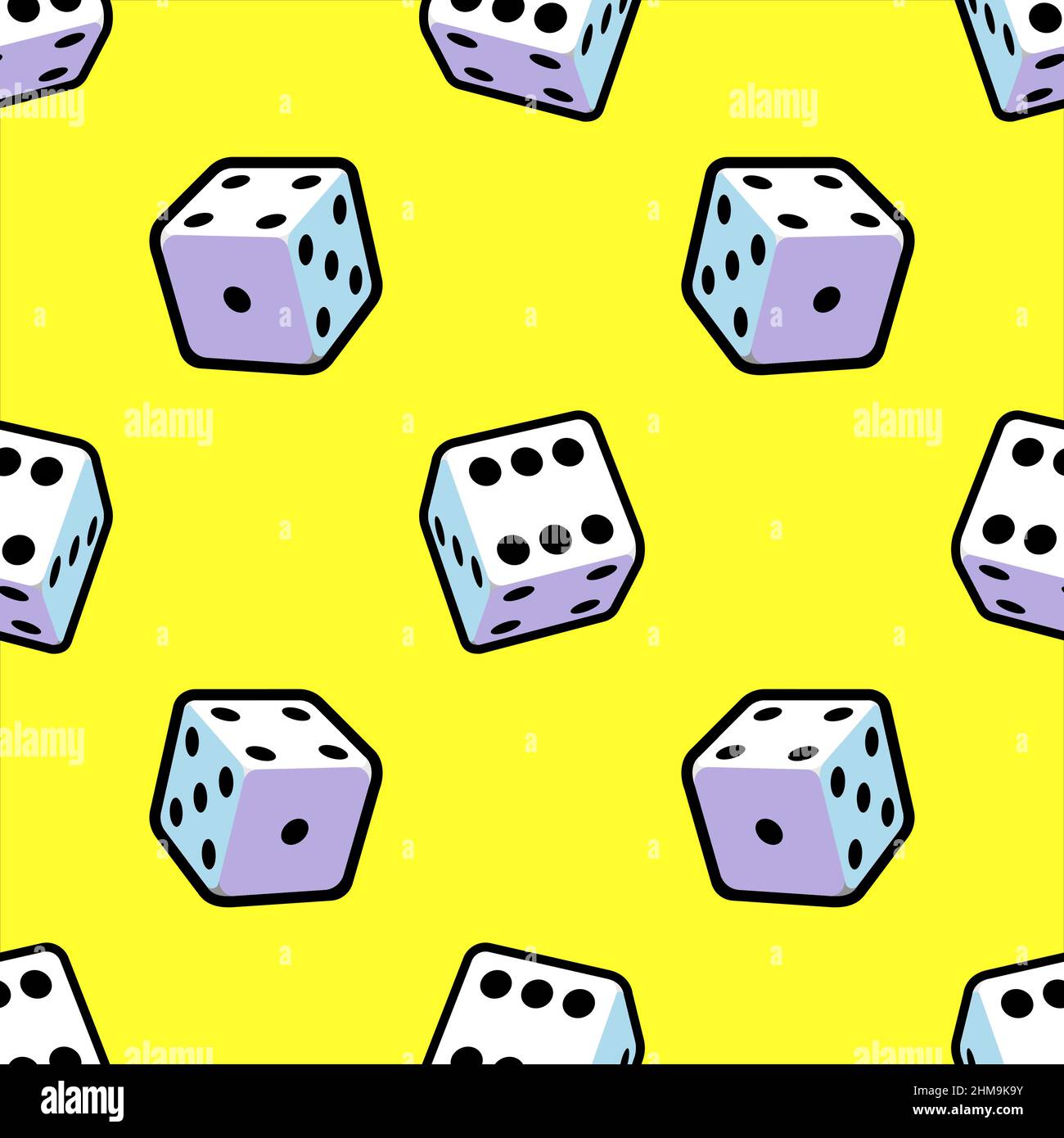 Cartoon pattern of playing dice on a yellow background for printing and ...