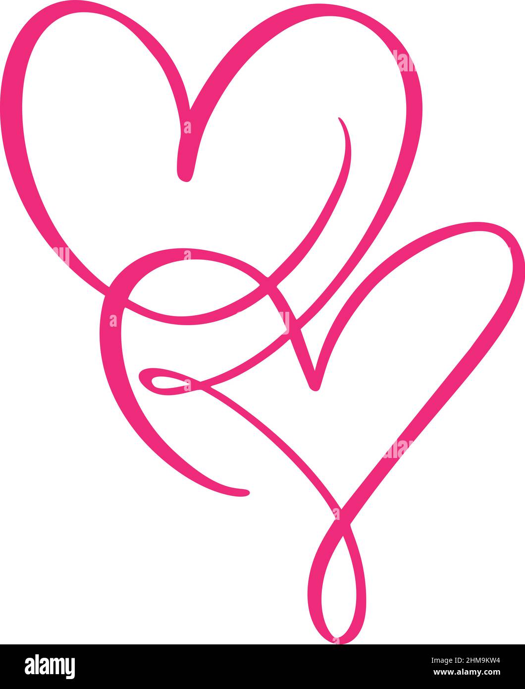 Two red love heart for valentine day. Handmade vector calligraphy ...