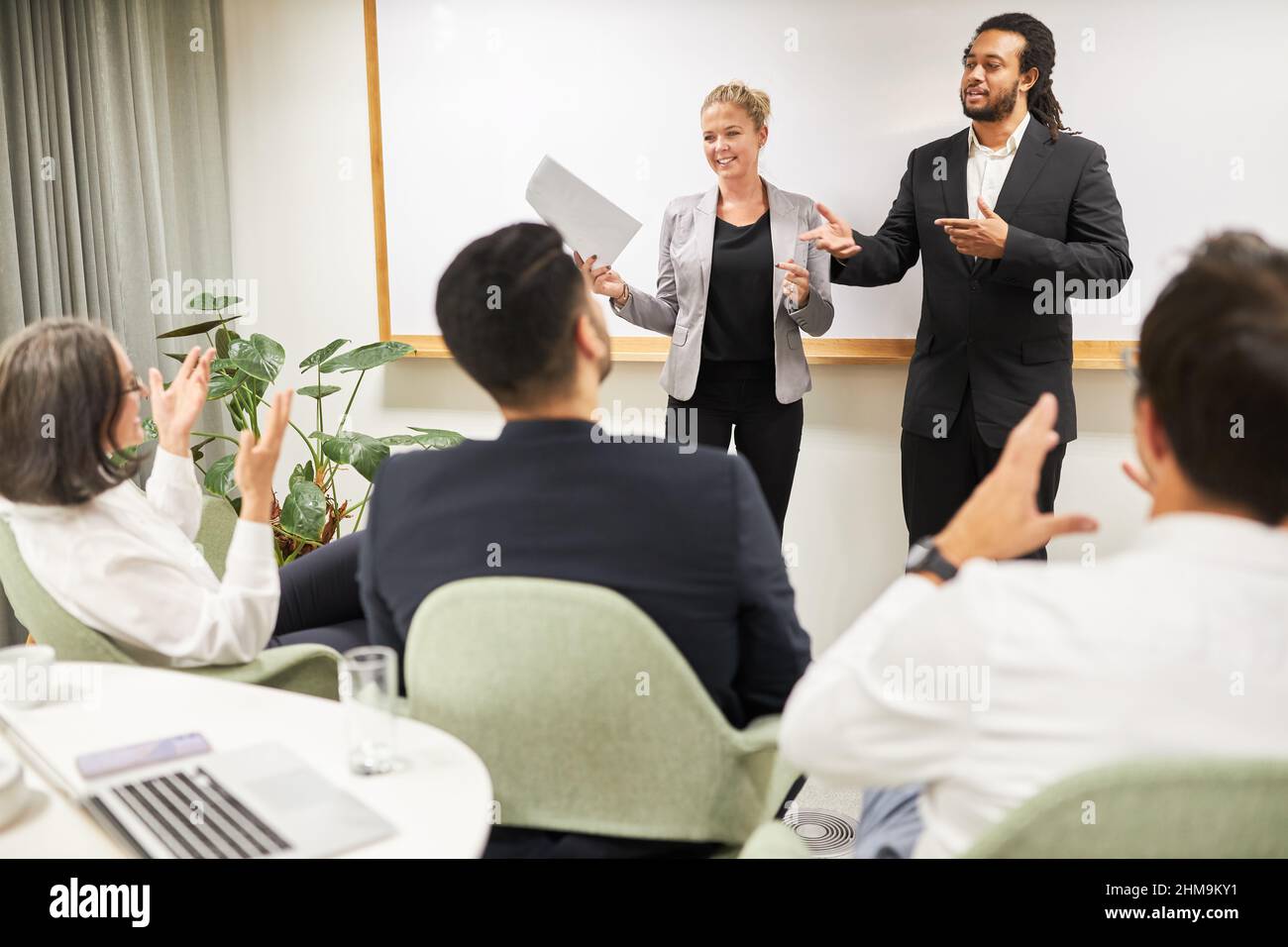 Two speakers in a seminar for further education at a lecture or a ...