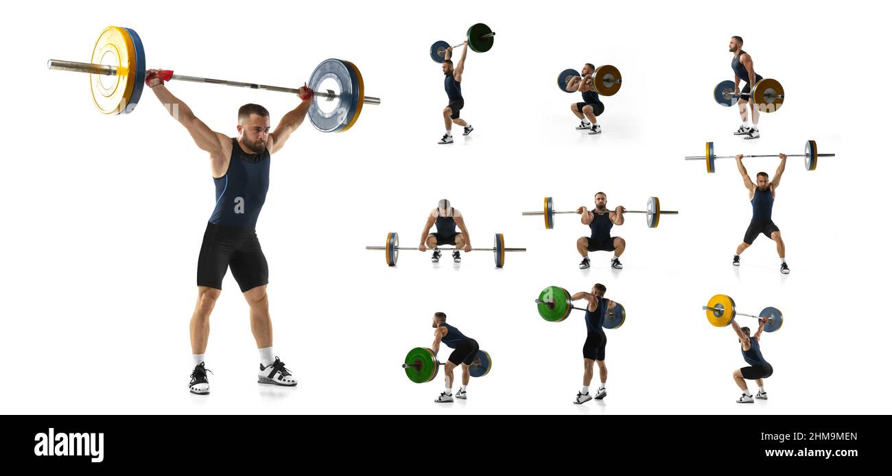 Collage of portraits of sportive muscular man lifting bar, training ...