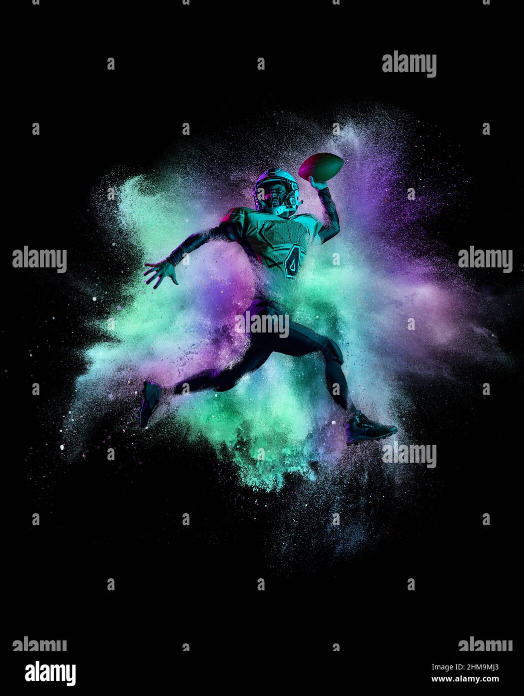 Creaive collage. American football player in motion, catching ball ...