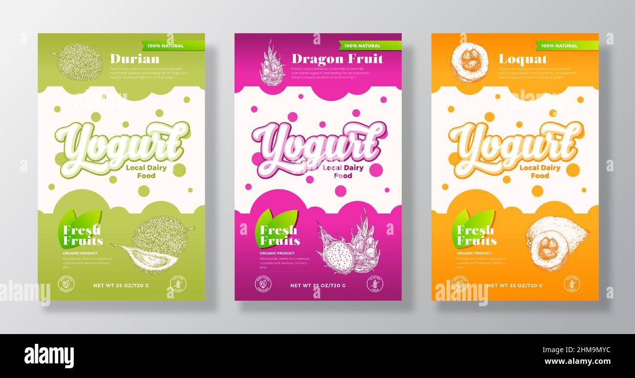 Fruits and Berries Yogurt Label Templates Set. Abstract Vector Dairy ...