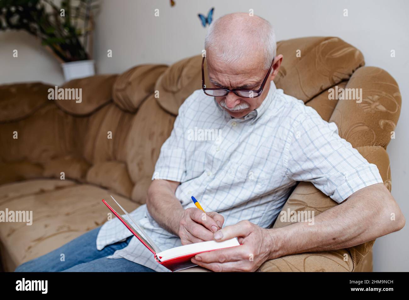 elderly man takes notes in a notebook after paying bills. The old man ...