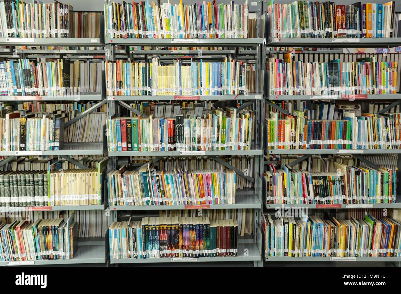 Bookshelf with several books, in multiple colors, lined up in a library ...