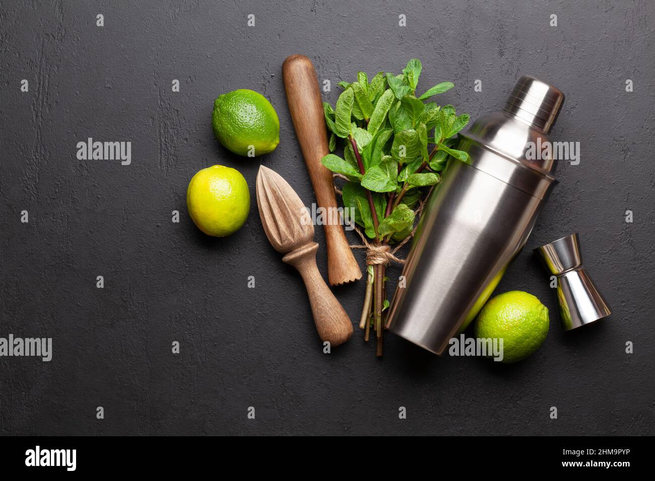 Mojito cocktail making. Ingredients and drink utensils. Top view flat ...