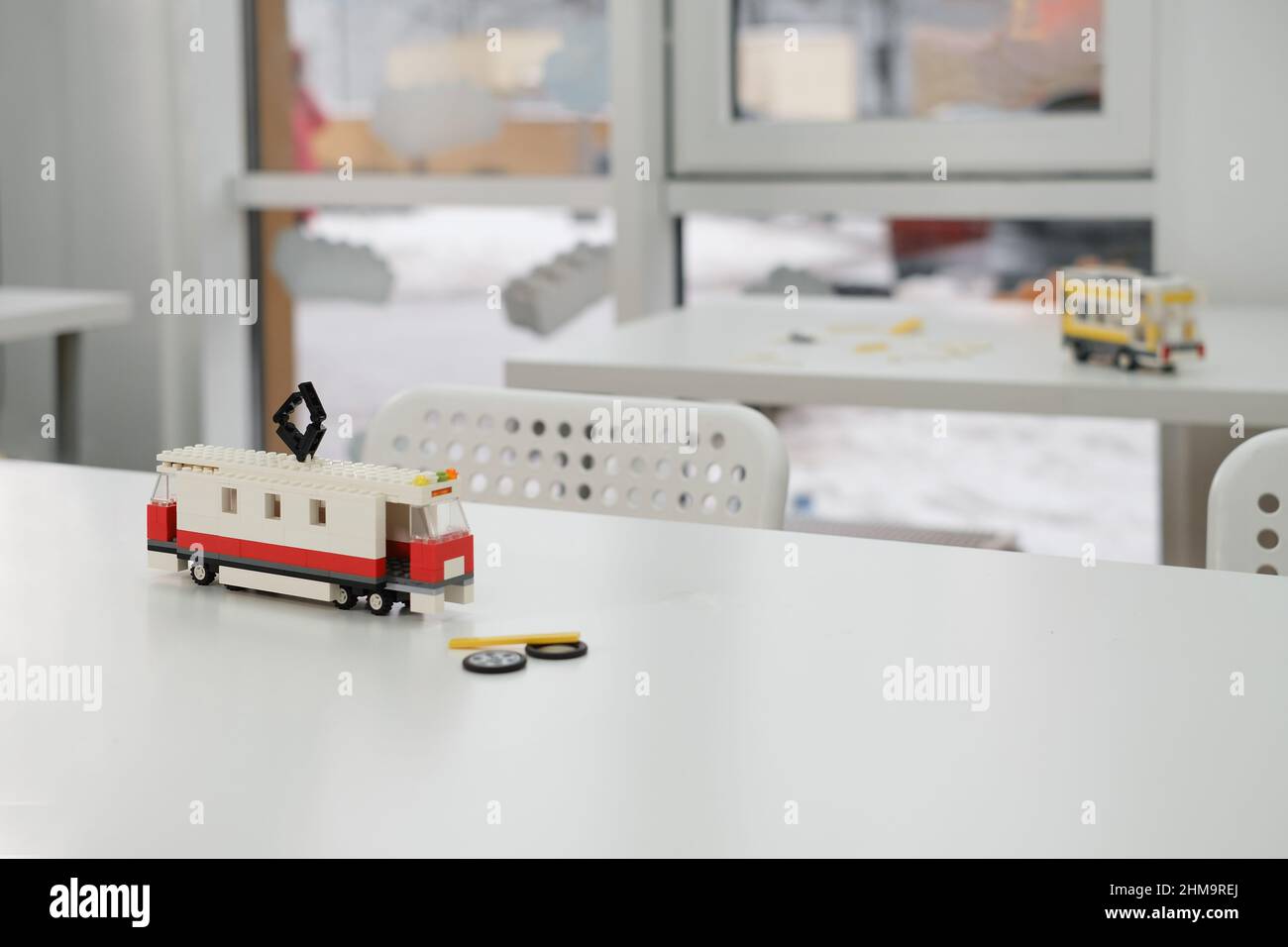 Empty class in school after science lessons. Tables in the room with ...