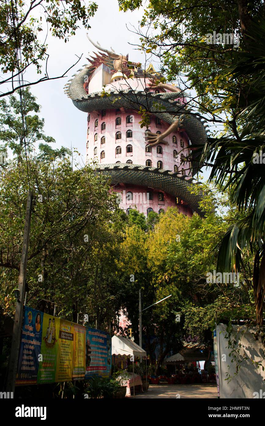 Exterior tower building with king of serpent naga and chinese dragon ...