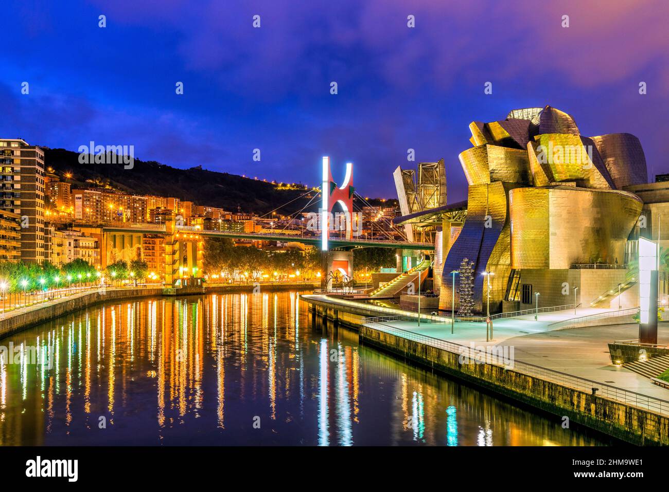 Night city skyline with Guggenheim Museum, Bilbao, Basque Country ...