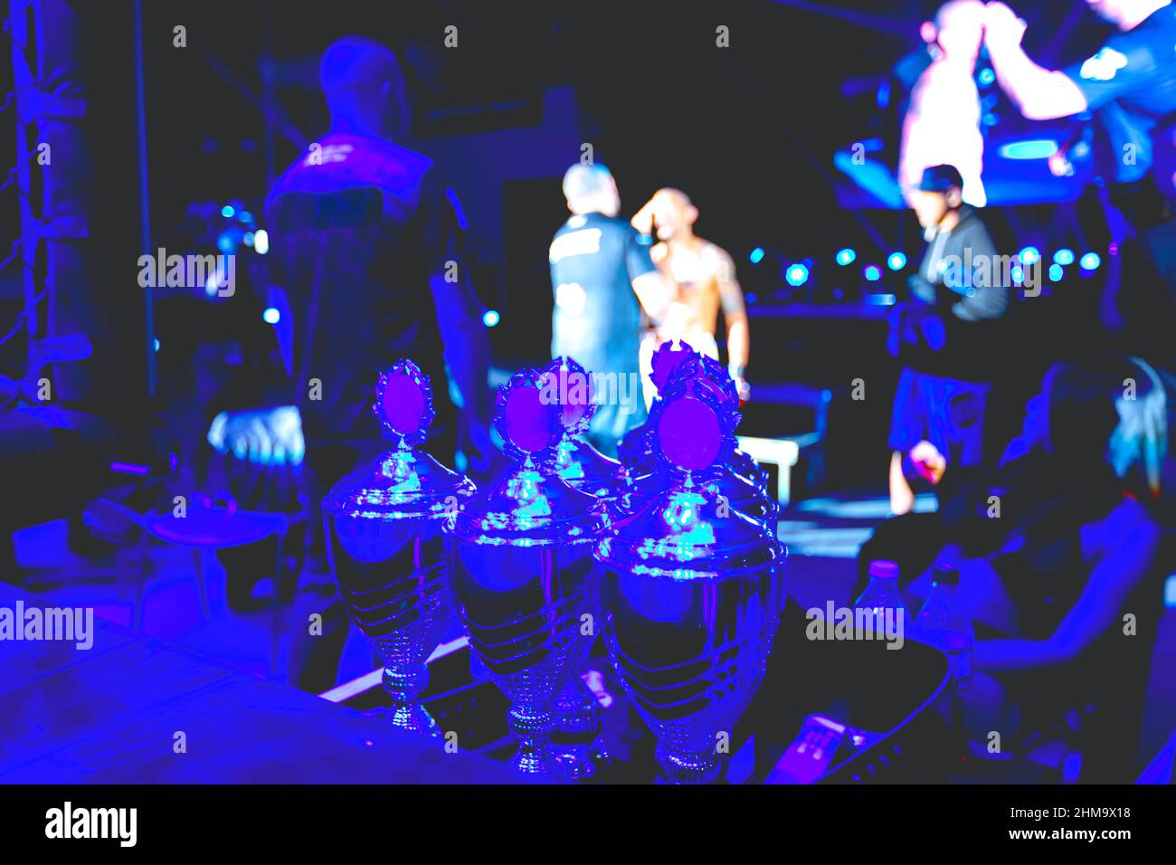 Arranged trophies are prepared to be awarded to the winners of fight on ...