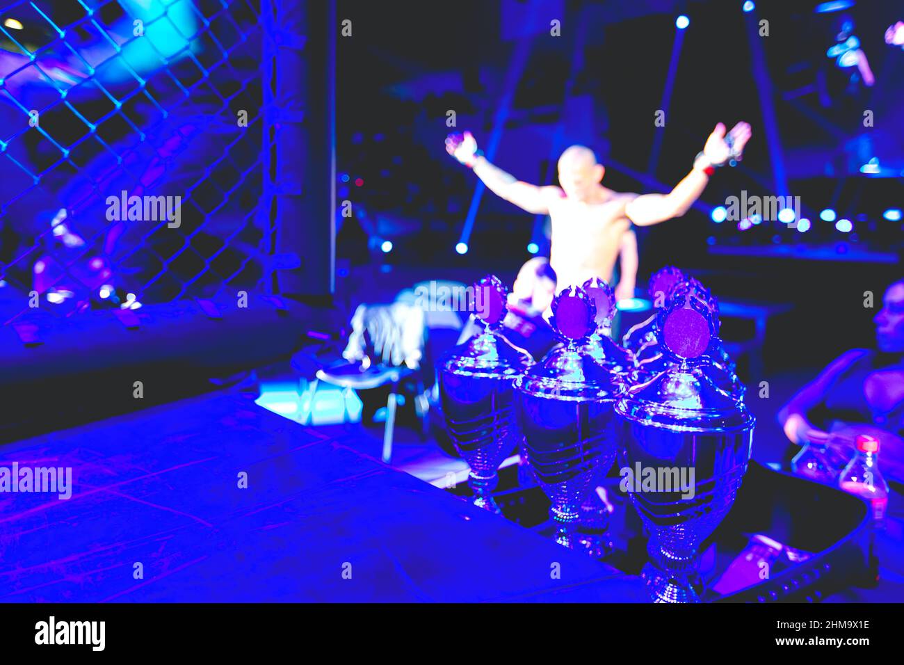 Arranged trophies are prepared to be awarded to the winners of fight on ...