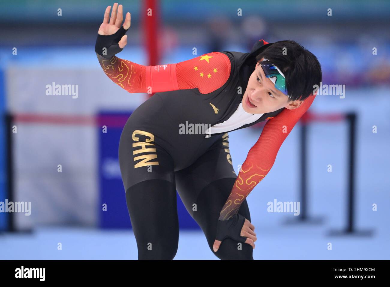 Beijing, China. 8th Feb, 2022. Wang Haotian of China greets the audience during the speed ...