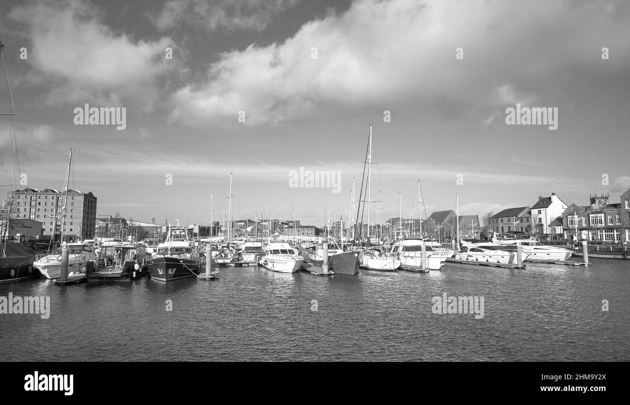 Moored boats in city Black and White Stock Photos & Images - Alamy