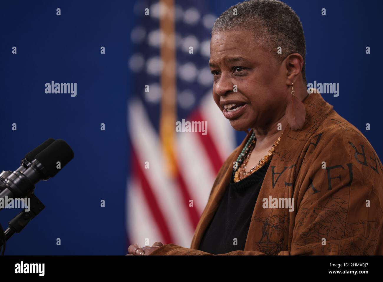 Washington, USA. 08th Feb, 2022. Sharron Holquin speaks during an event ...