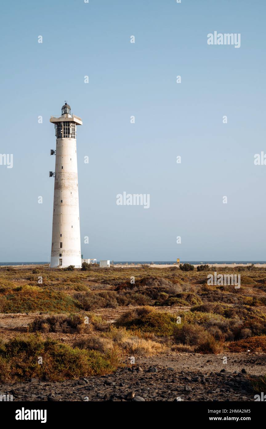 White lighthouse tower located on sea coast covered with dry yellow ...