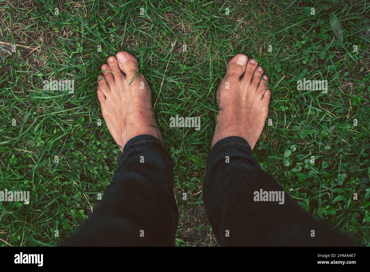 Top view of crop anonymous barefoot person in jeans standing on grassy ...